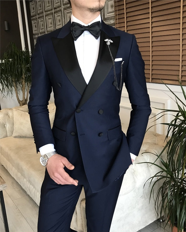Lucas Dark Blue Double Breasted Peaked Lapel Prom Men Suits – Hottuxedos