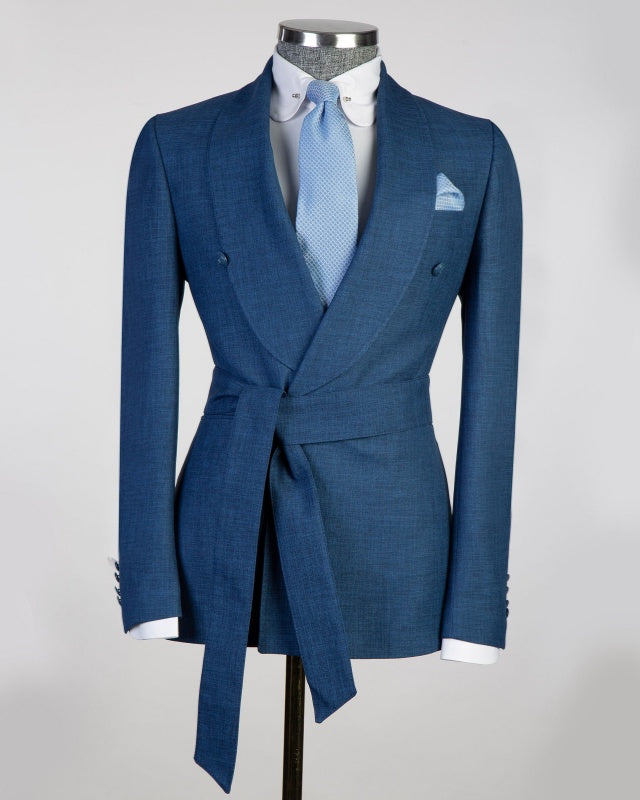 Cool Fancy Navy Blue Shawl Lapel Wedding Suits With Belt – Hottuxedos