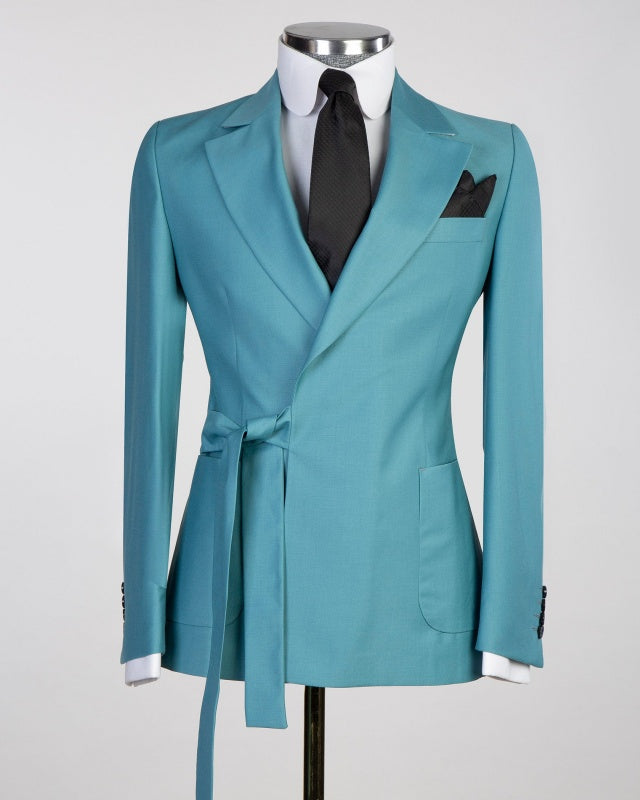 Newest Stylish Sky Blue Notch Lapel Prom Suits With Belt – Hottuxedos
